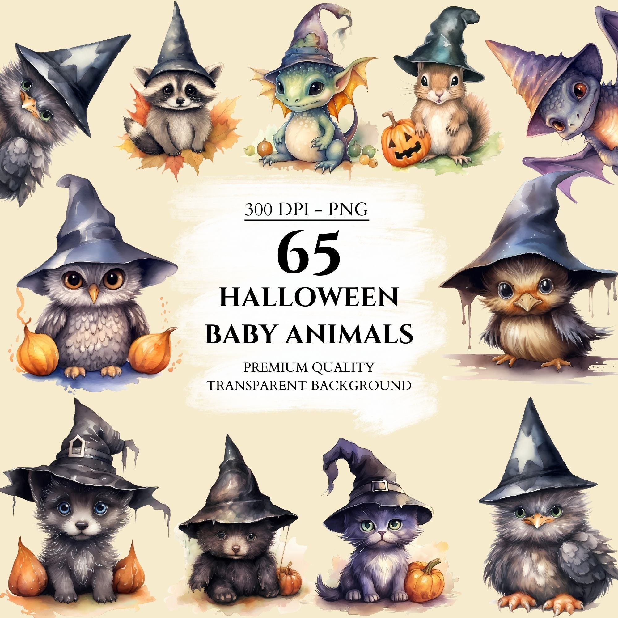 Cute Halloween Baby Animals Clipart Watercolor Bundle PNG - Etsy