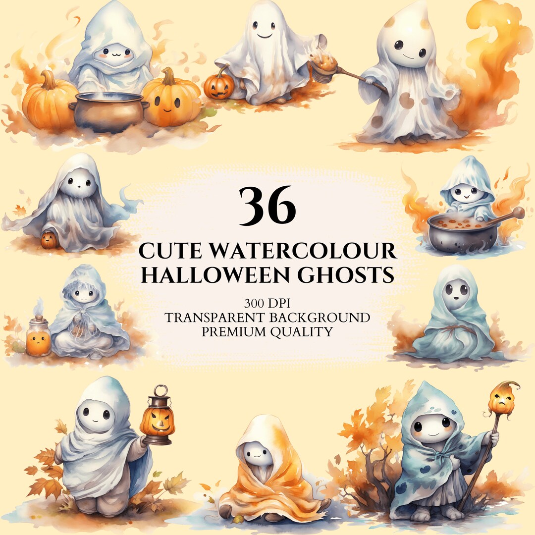 Watercolor Halloween Ghost Clipart, Spooky Ghosts, PNG Bundle ...