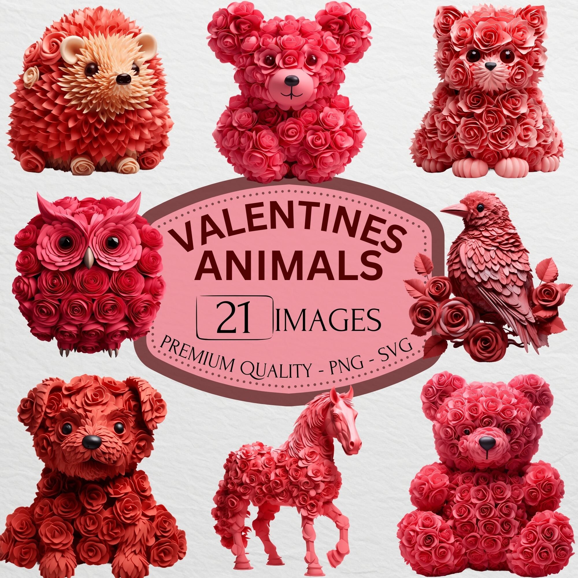 Cute 3D Valentines Day Animals Clipart, Lovely Rose Art Bundle, Gifts ...