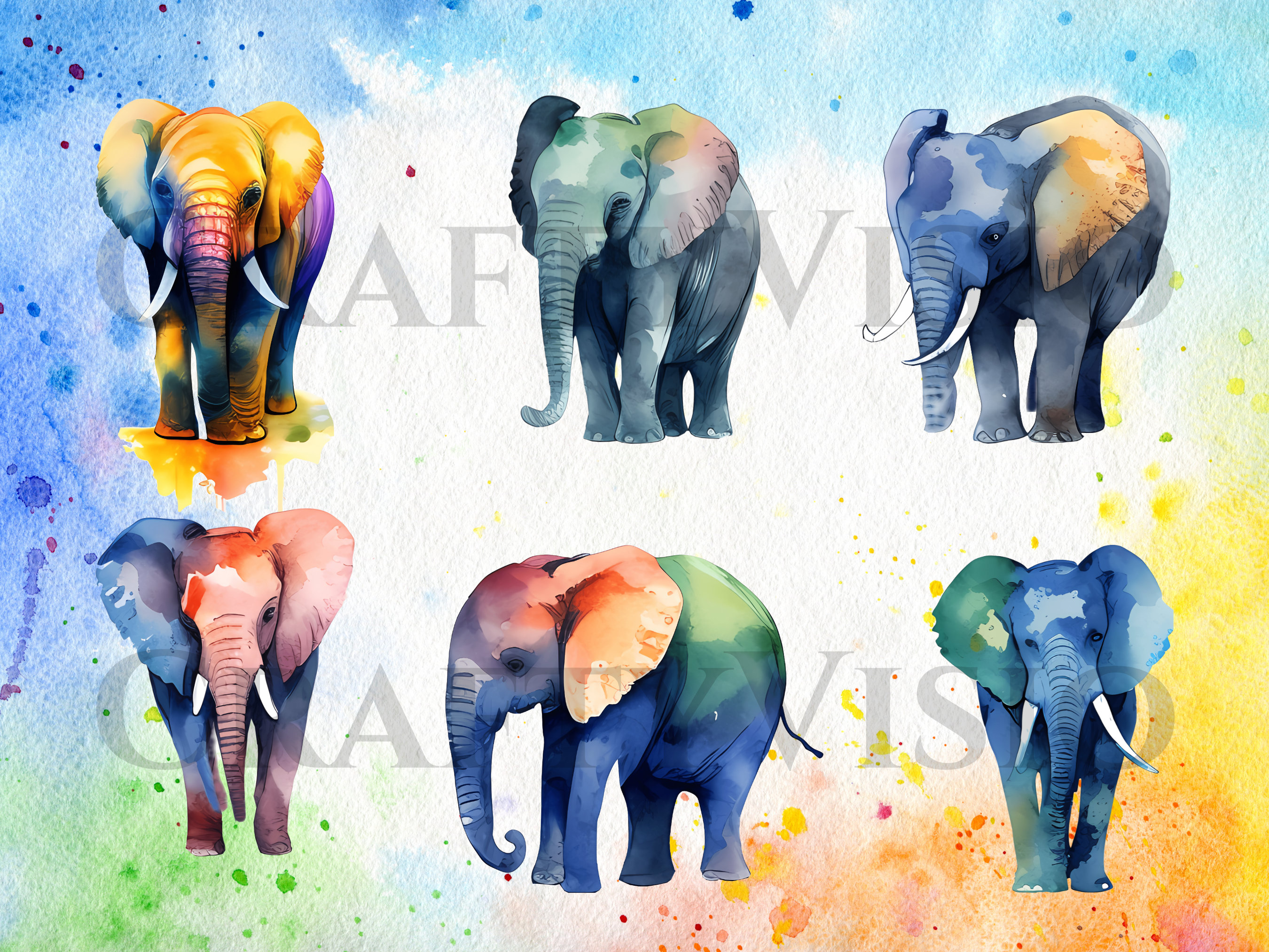 Elephant Watercolor Clipart, Safari, Digital Download, PNG Bundle, Baby ...