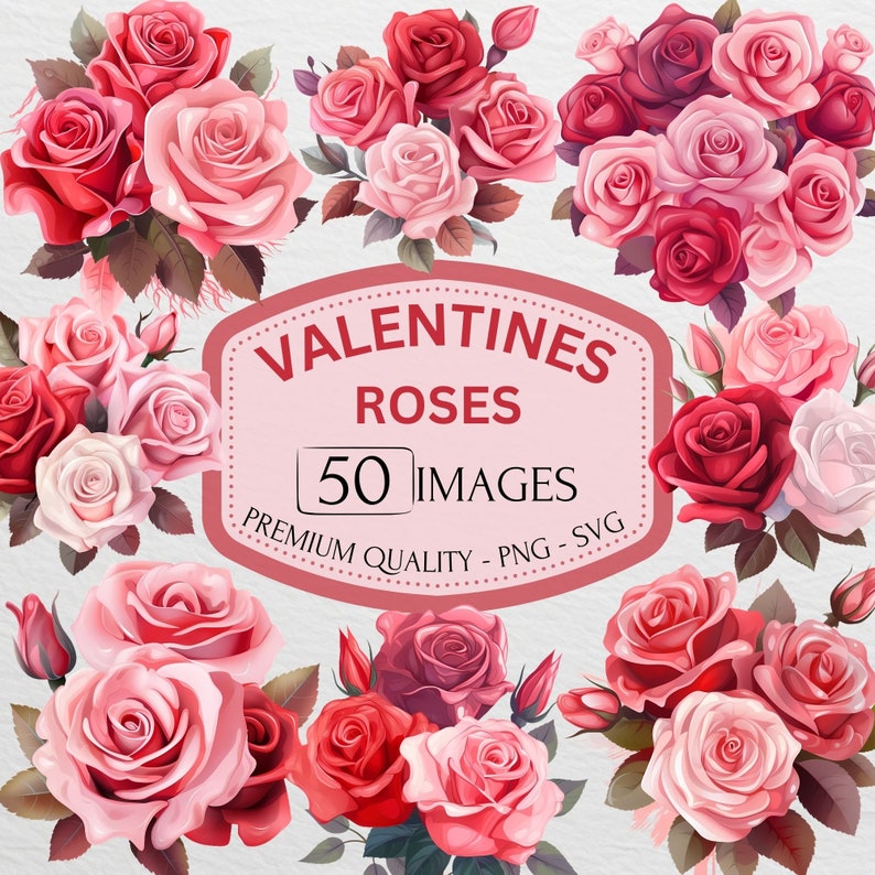 Red and Pink Watercolor Valentines Day Roses Clipart, Wildflower Bundle, Bouquet, PNG and SVG ...