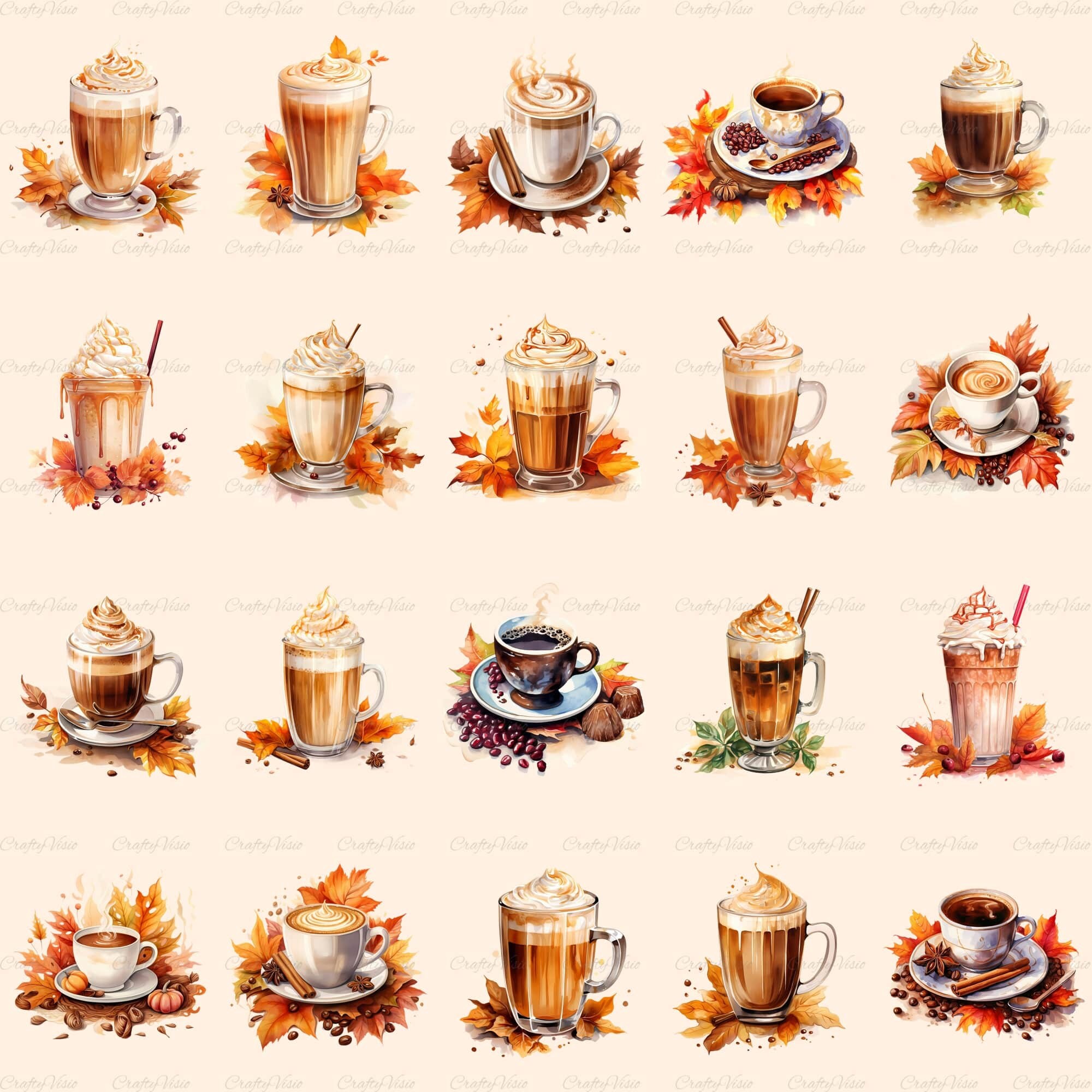 Watercolor Autumn Coffee Clipart, Fall Season, Drinks Bundle, Leaves ...