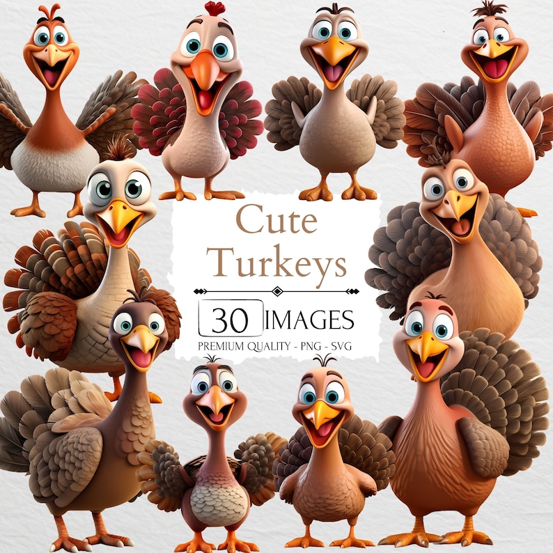 Cute 3D Watercolor Thanksgiving Turkey Clipart, Baby Animals Bundle ...