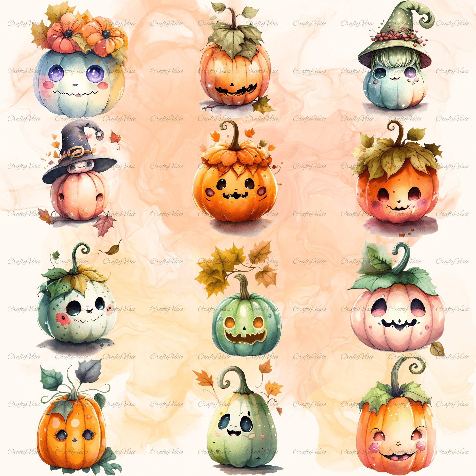 Watercolor Halloween Pumpkin Clipart PNG Bundle Printable - Etsy