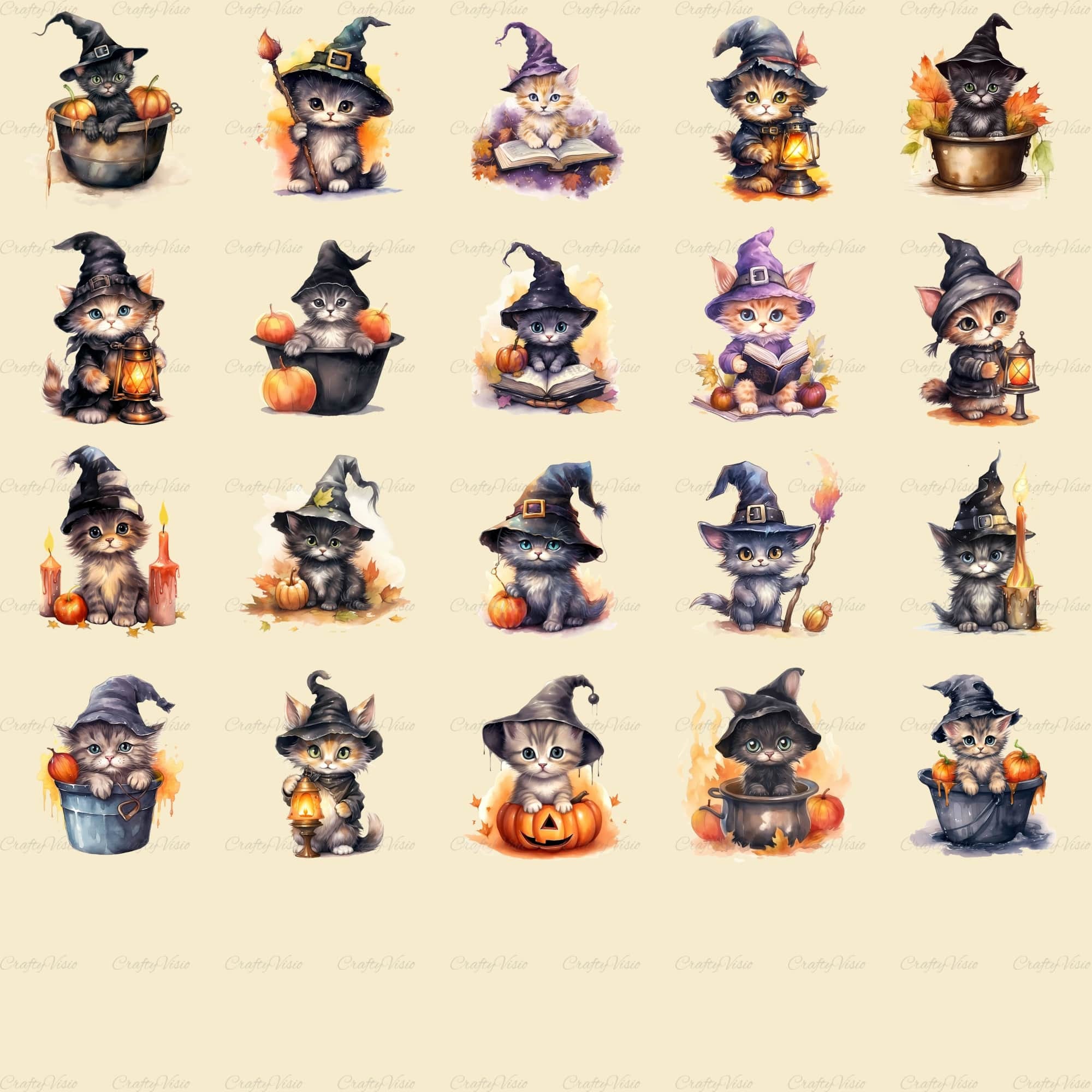 Watercolor Cat Clipart, Spooky Halloween Kitten Bundle, PNG Graphics ...