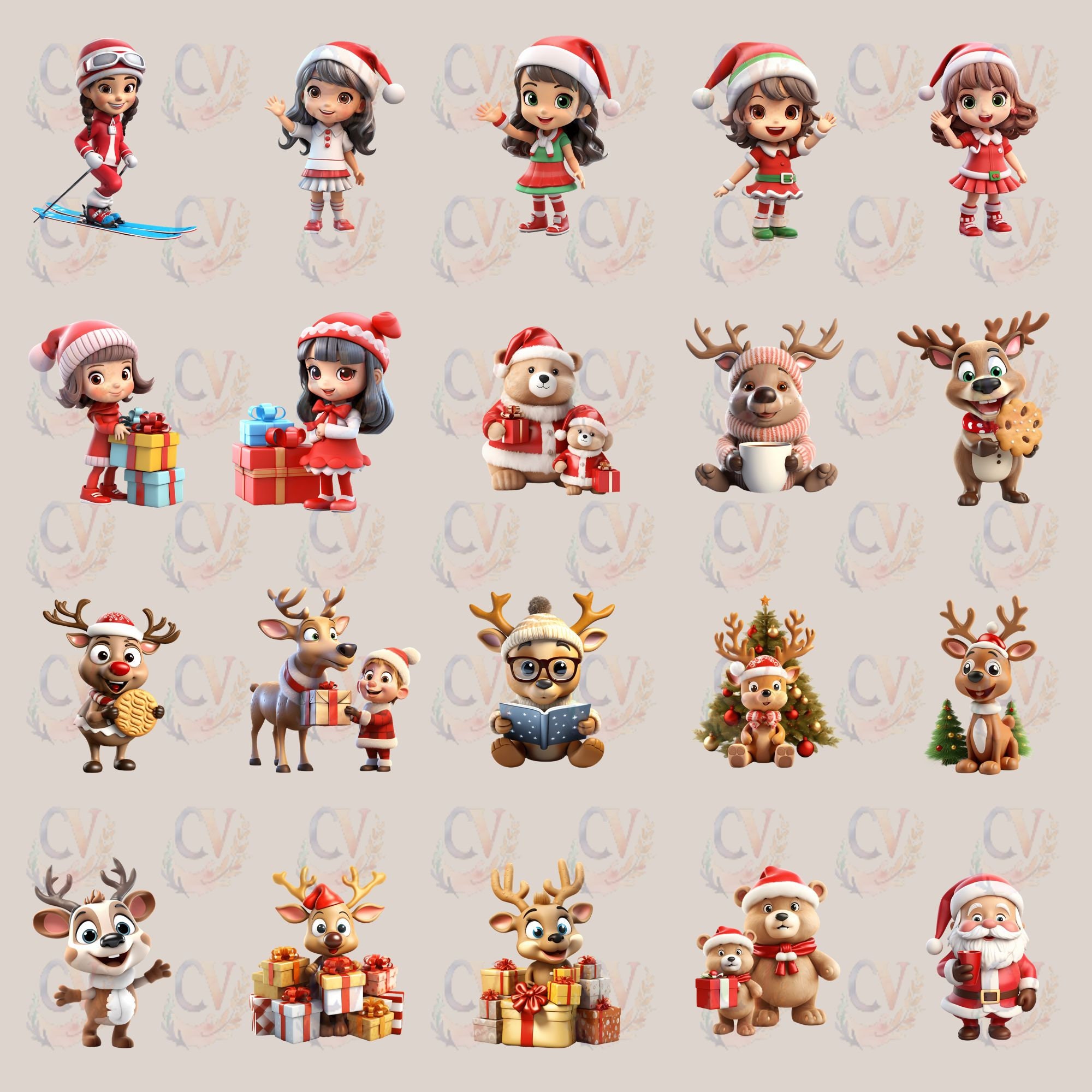 Cute 3D Christmas Characters Clipart, Xmas Illustrations Bundle, Santa ...