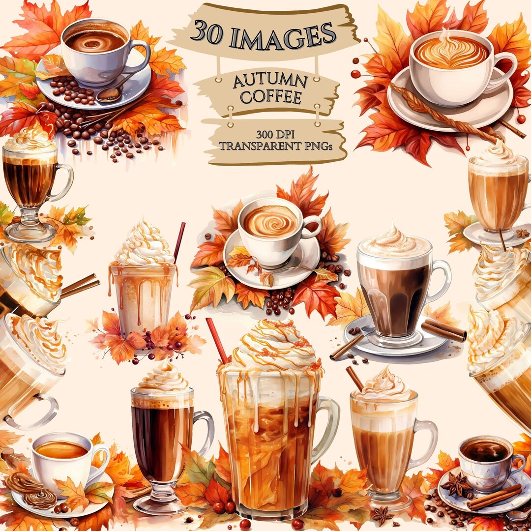 Watercolor Autumn Coffee Clipart, Fall Season, Drinks Bundle, Leaves ...