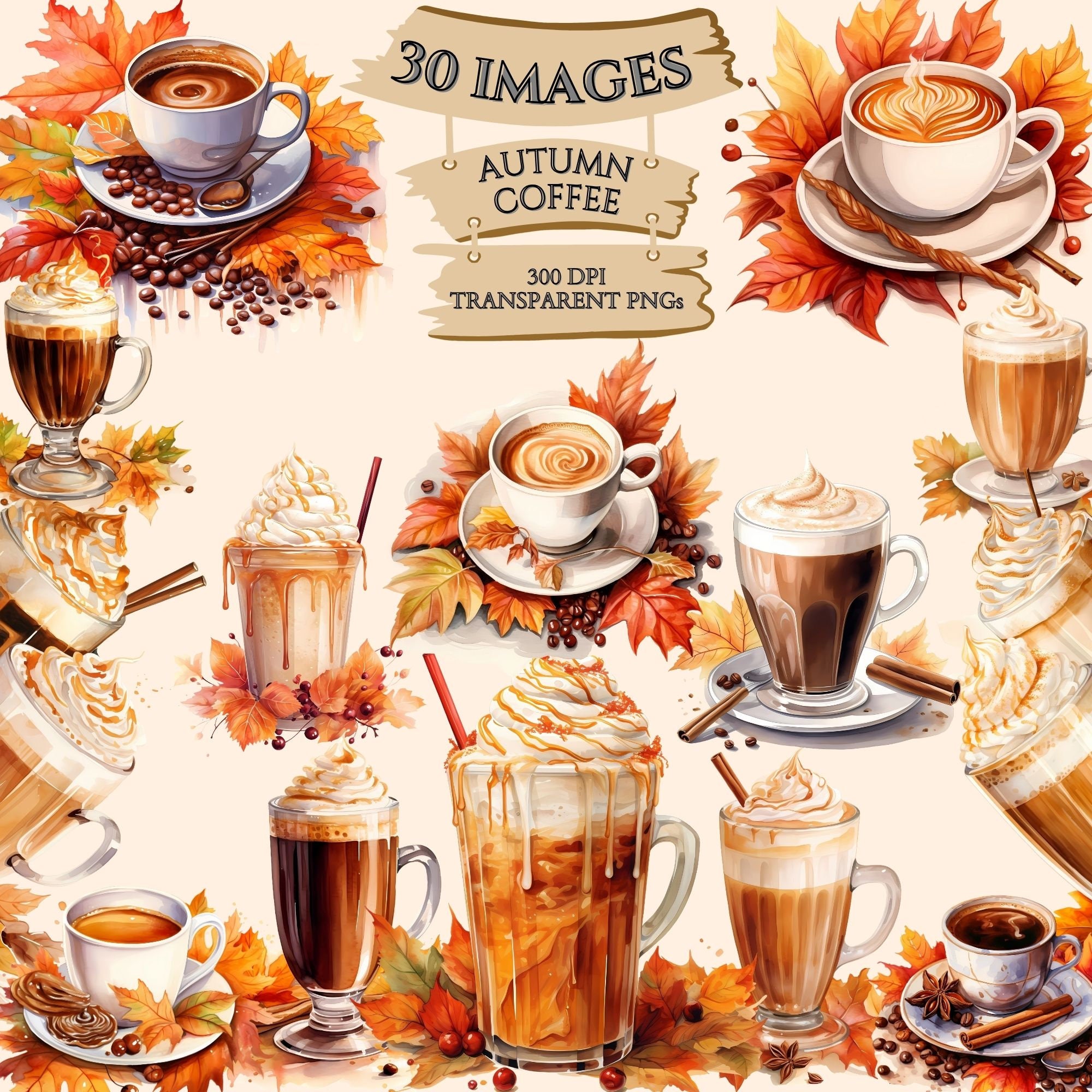 Watercolor Autumn Coffee Clipart, Fall Season, Drinks Bundle, Leaves ...