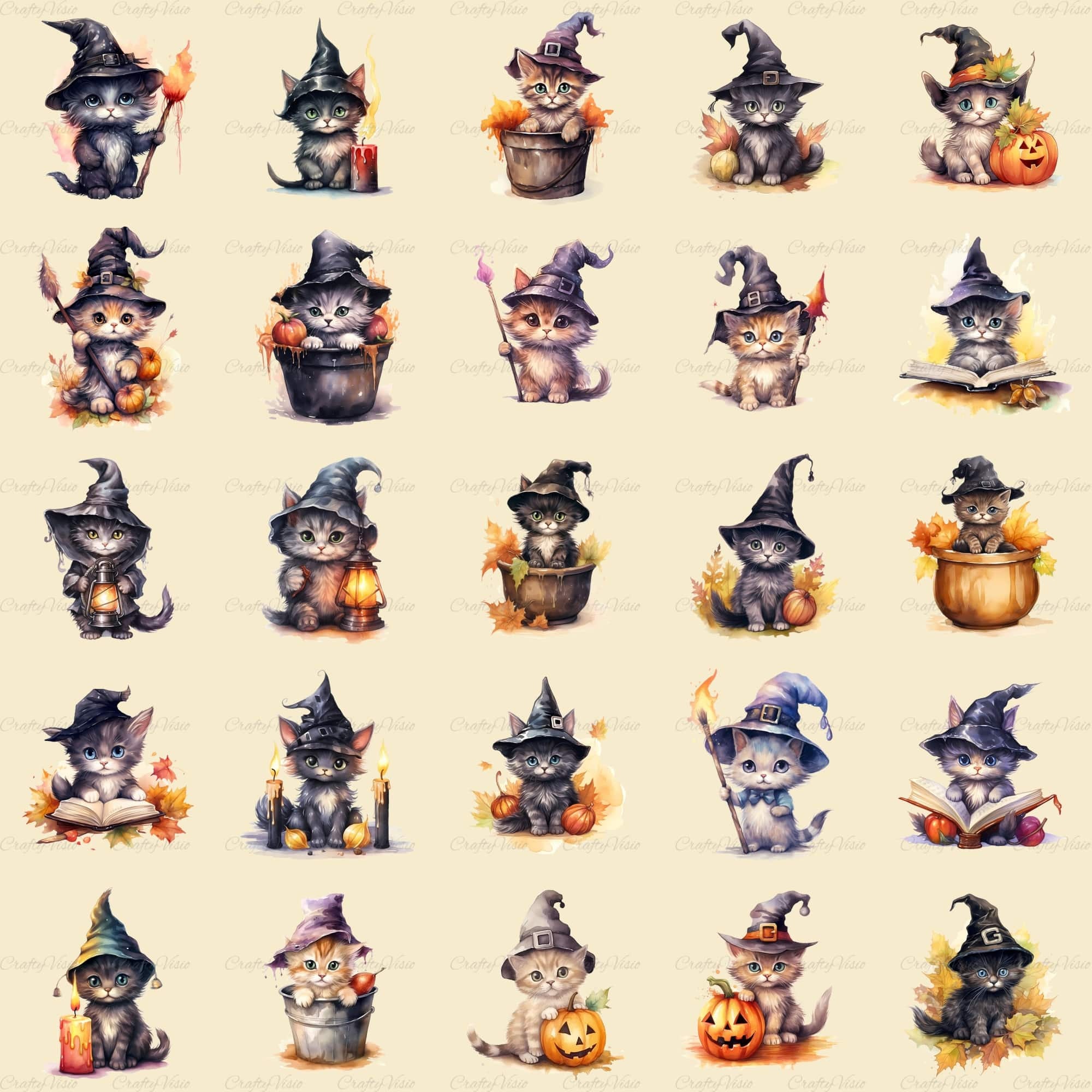 Watercolor Cat Clipart, Spooky Halloween Kitten Bundle, PNG Graphics ...