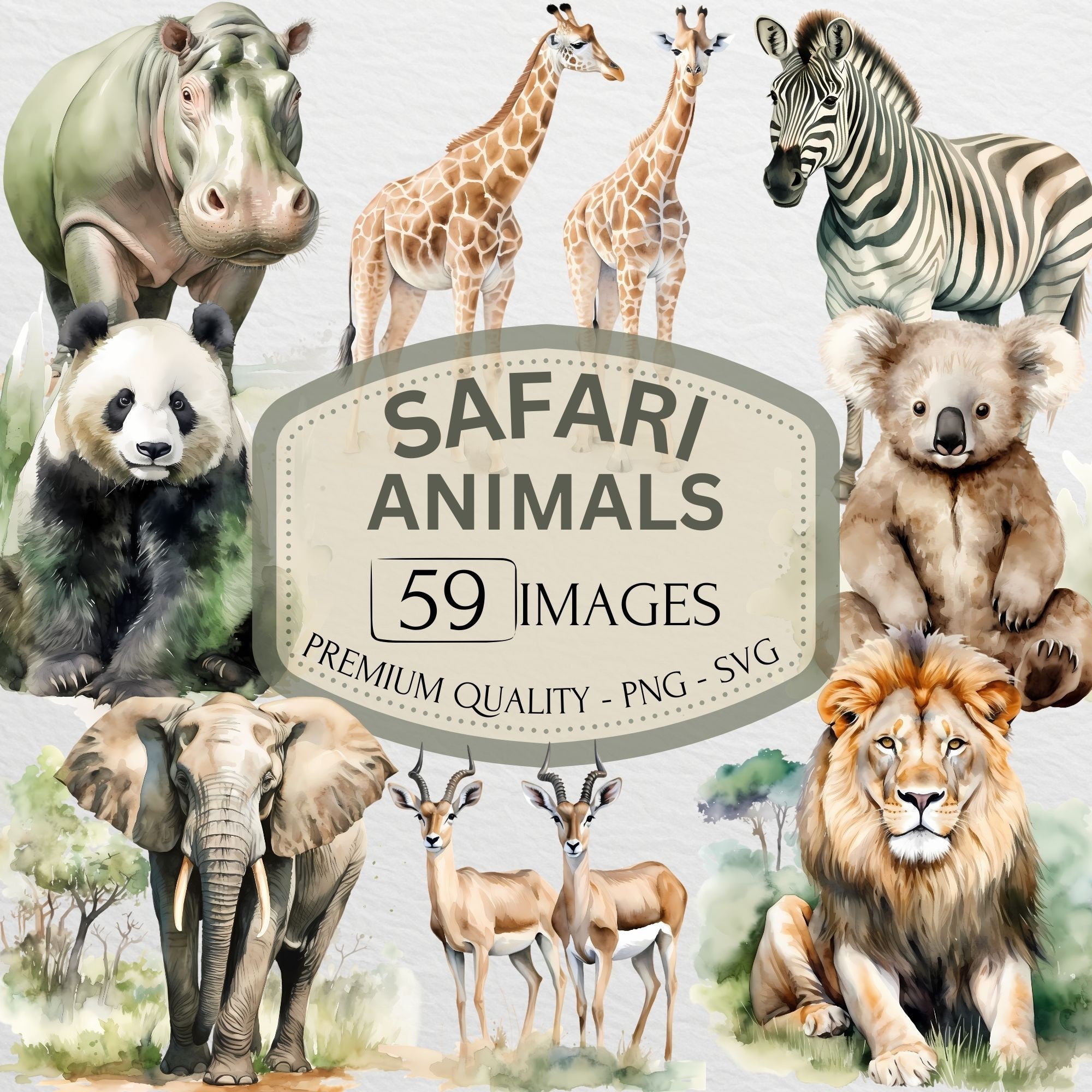 Watercolor Safari Animals Clipart PNG and SVG Graphics - Etsy