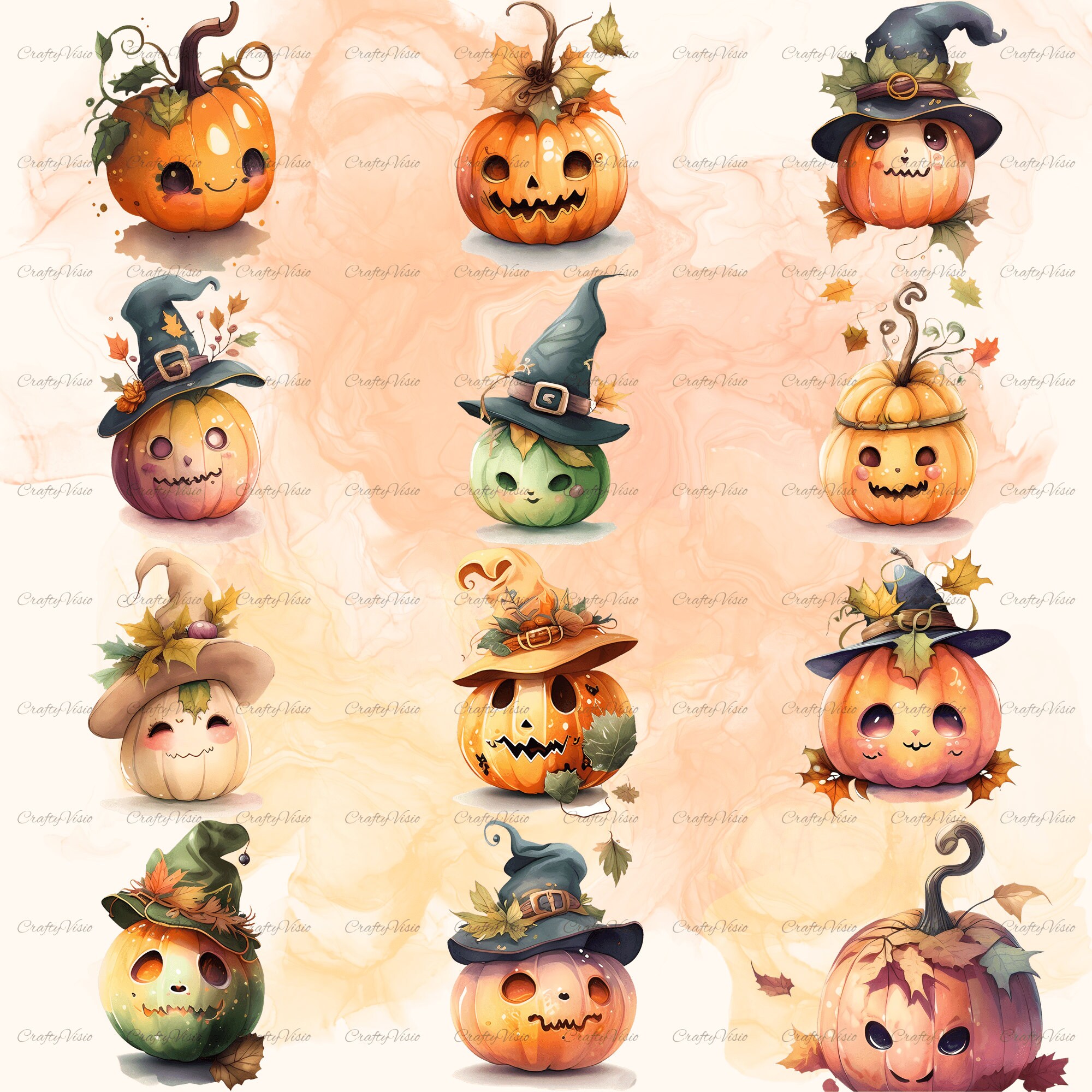 Watercolor Halloween Pumpkin Clipart PNG Bundle Printable - Etsy