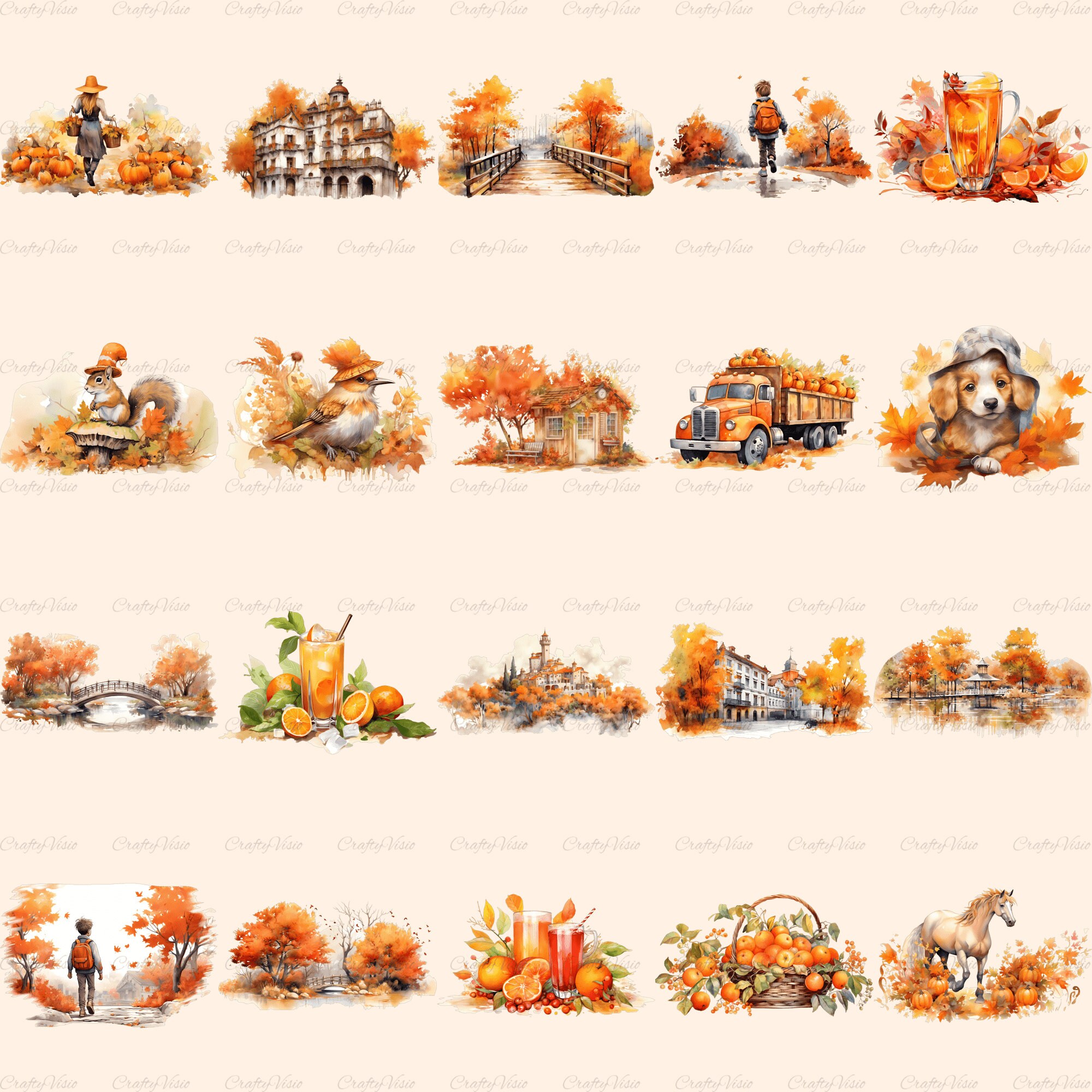 Watercolor Autumn Clipart Bundle, Autumn Time, Fall Leaves and Trees ...