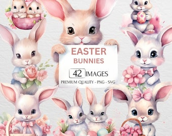 Watercolor Easter Bunnies Clipart, Spring Bundle,cute Baby Animals,png ...