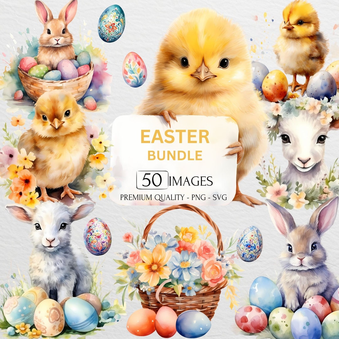 Watercolor Easter Clipart, Spring Bundle, Cute Baby Animals, PNG & SVG ...