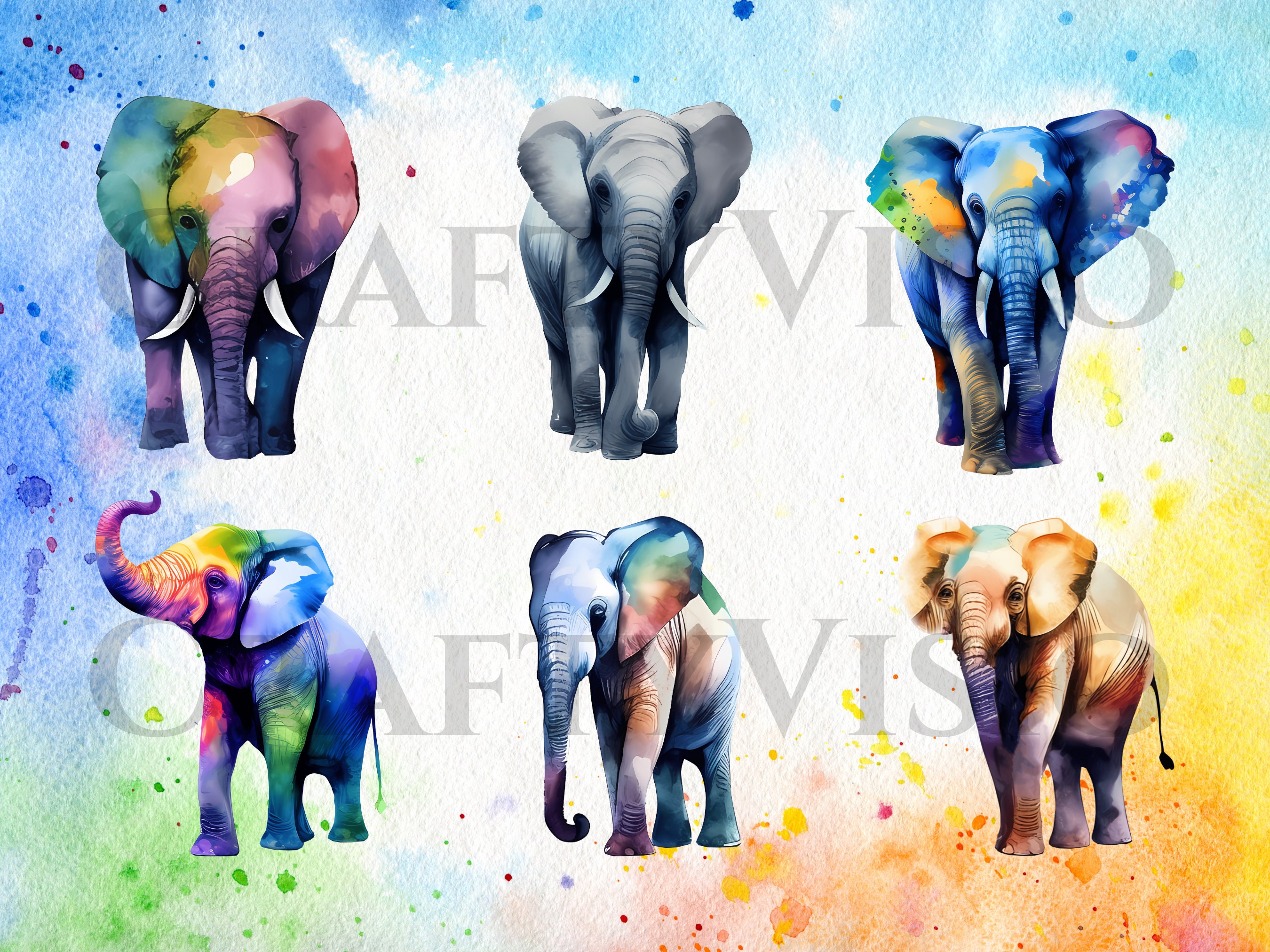 Elephant Watercolor Clipart, Safari, Digital Download, PNG Bundle, Baby ...