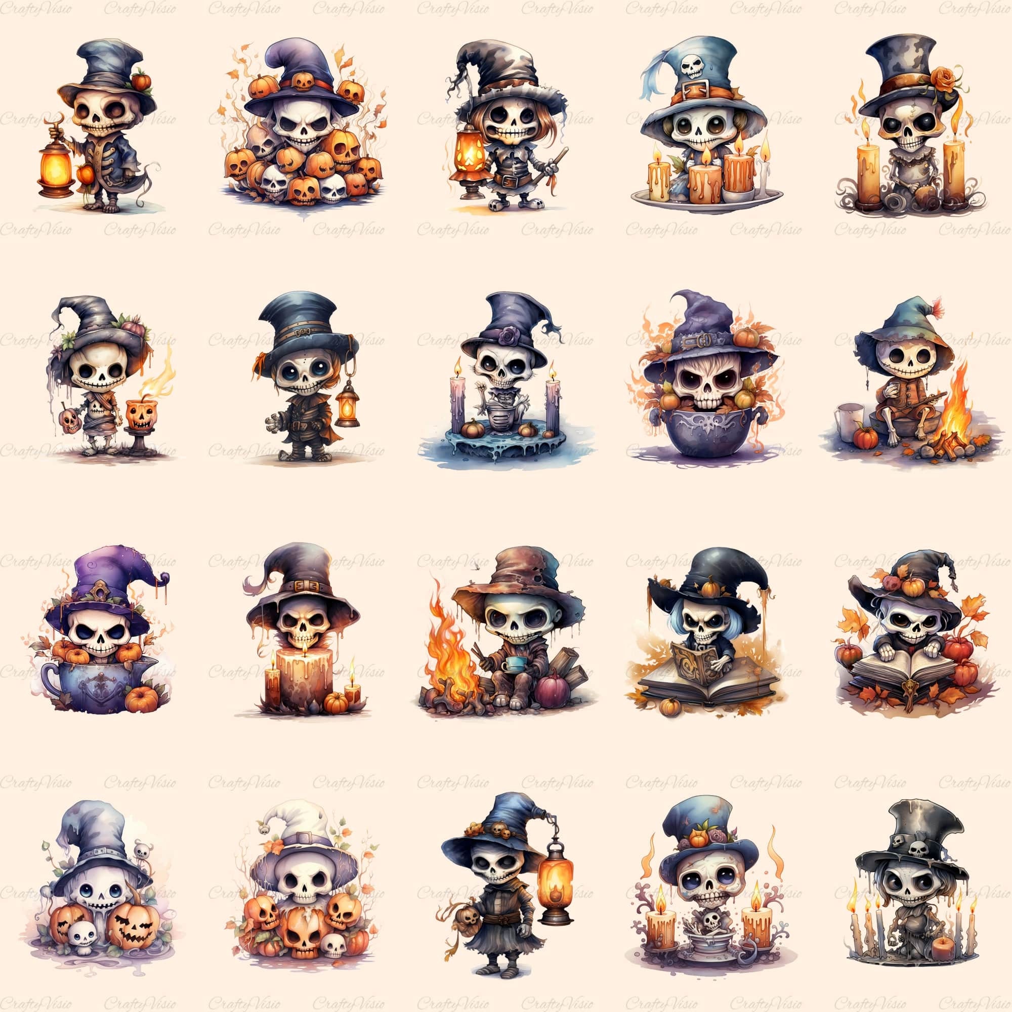 Cute Halloween Skeletons Clipart, Spooky Watercolor Bundle, Skeletons ...