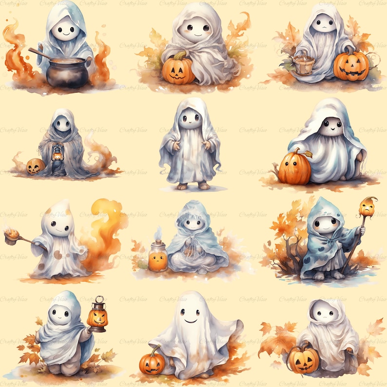 Watercolor Halloween Ghost Clipart, Spooky Ghosts, PNG Bundle ...