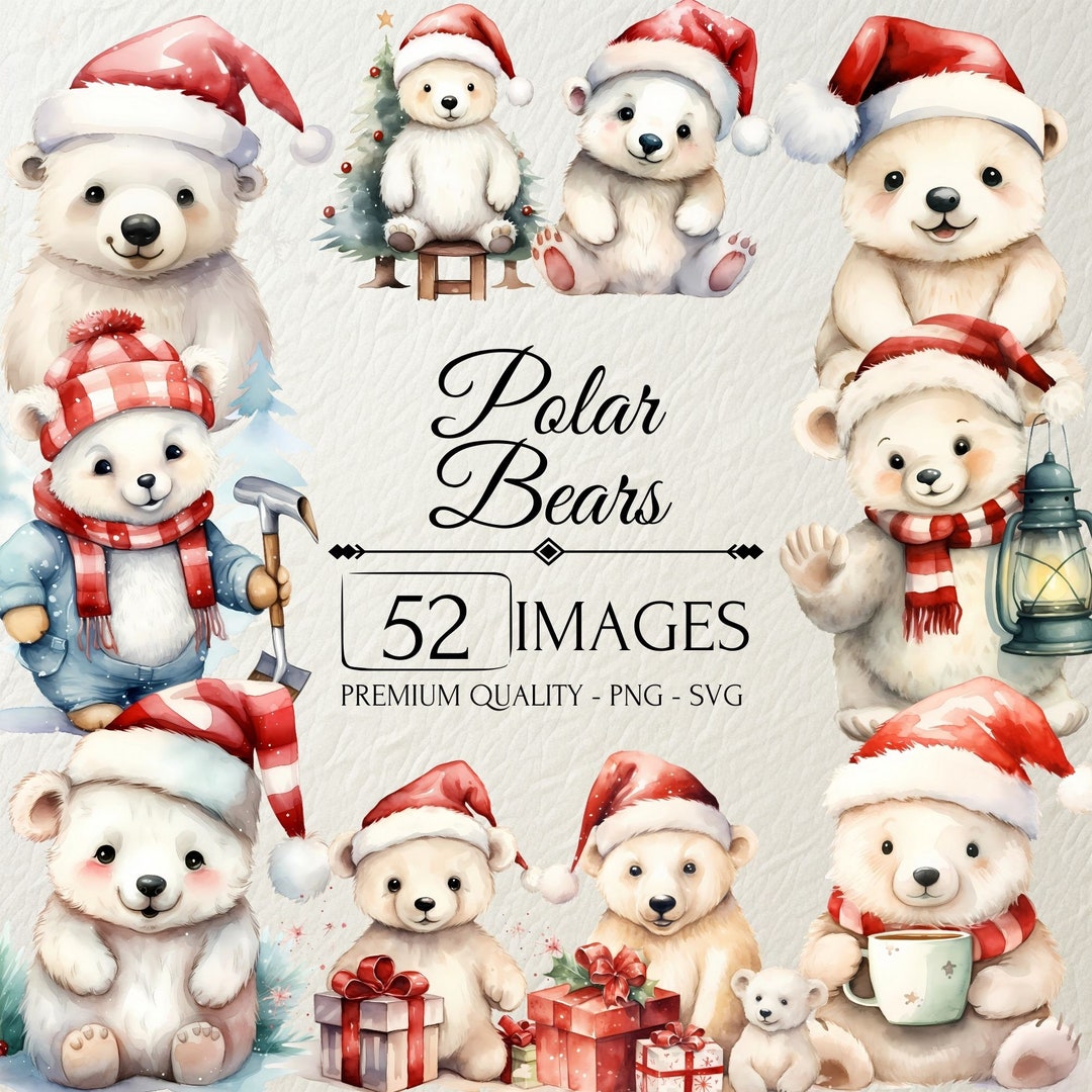 Cute Watercolor Christmas Polar Bears Clipart, Woodland Baby Animals ...