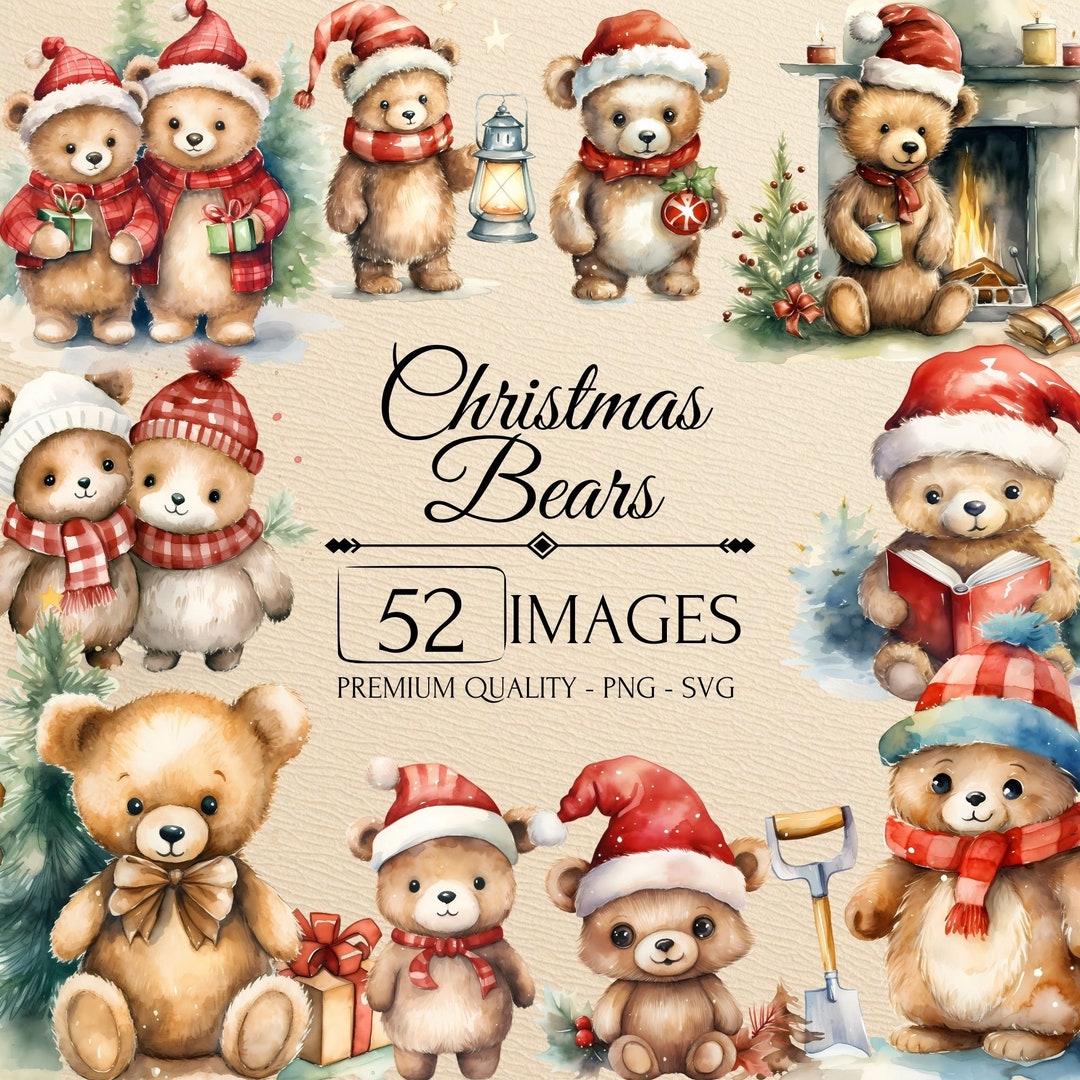 Cute Watercolor Christmas Bears Clipart, Woodland Baby Animals Bundle ...