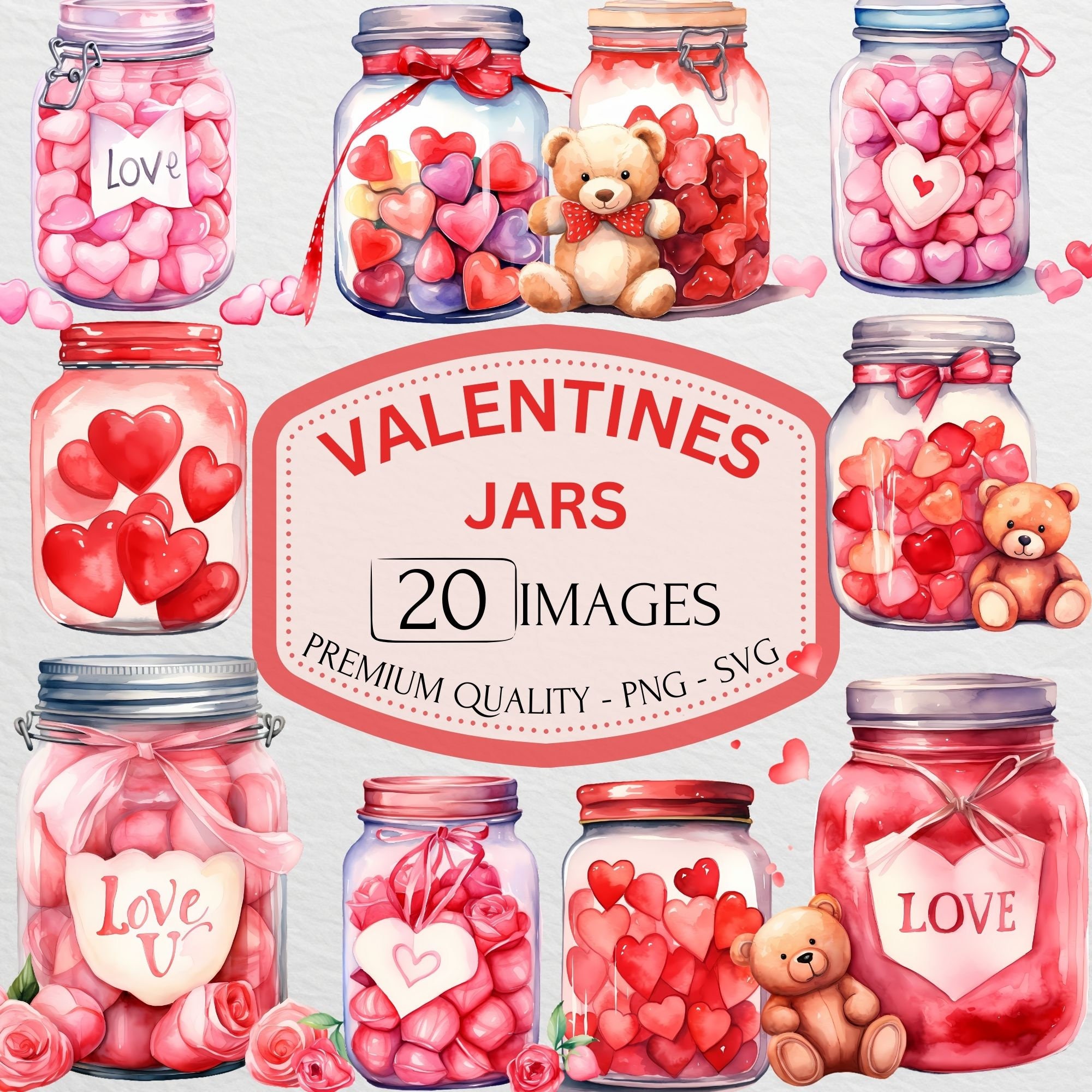 Watercolor Valentines Day Jars Clipart, Lovely Rose and Heart Art ...