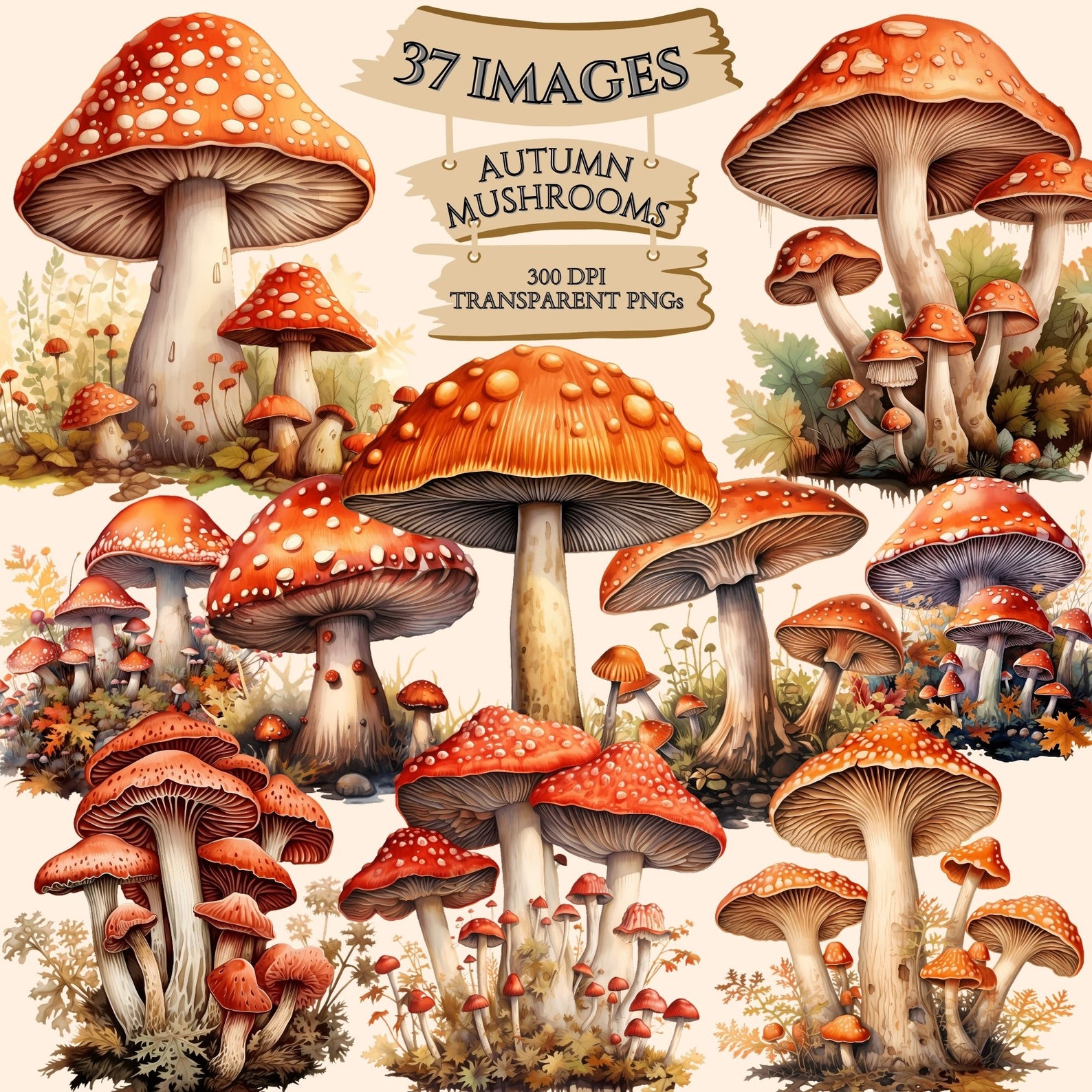 Watercolor Autumn Mushrooms Clipart, Fall Season, Nature, Forest, PNG ...