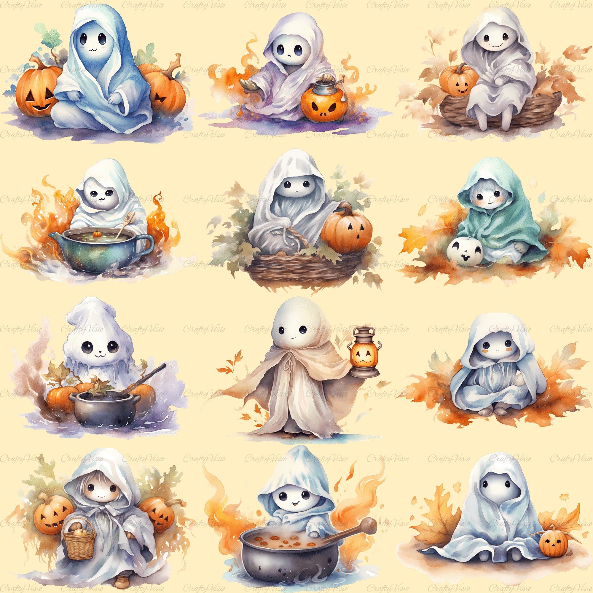 Watercolor Halloween Ghost Clipart, Spooky Ghosts, PNG Bundle ...