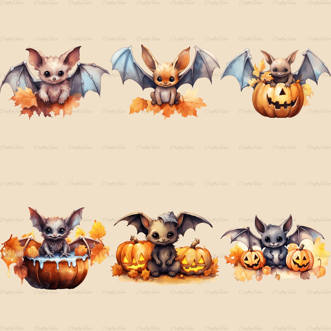Watercolor Halloween Bat Clipart, Spooky Bats, PNG Bundle, Printable ...