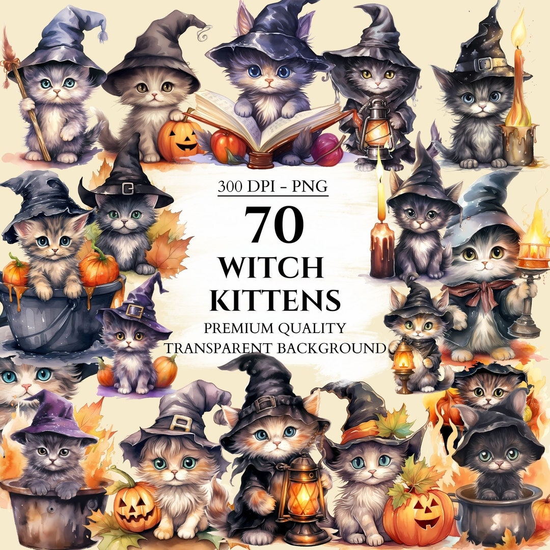 Watercolor Cat Clipart, Spooky Halloween Kitten Bundle, PNG Graphics ...