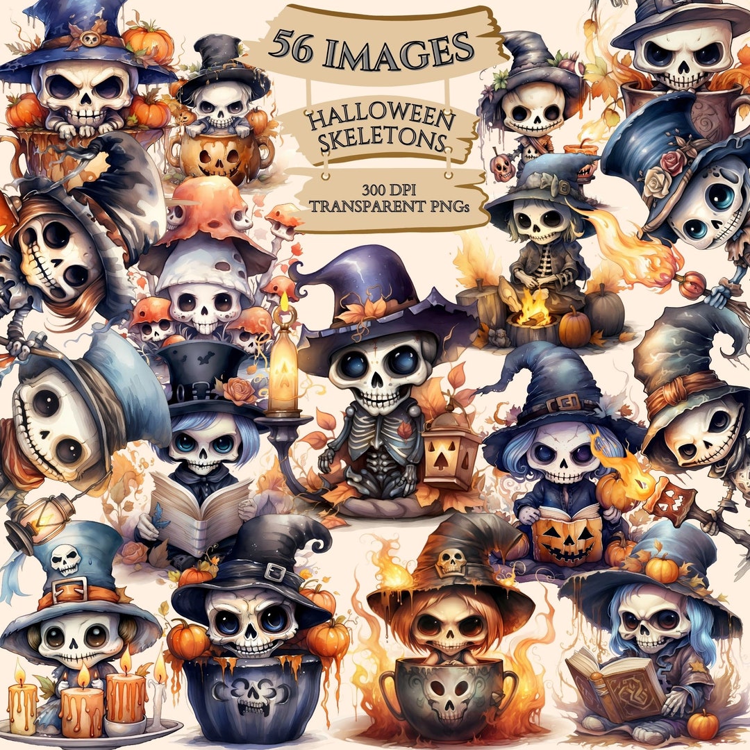 Cute Halloween Skeletons Clipart, Spooky Watercolor Bundle, Skeletons ...