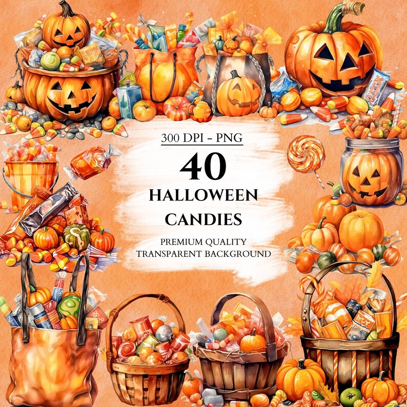 Watercolor Halloween Candies Clipart, Sweets Bundle, Spooky PNG ...
