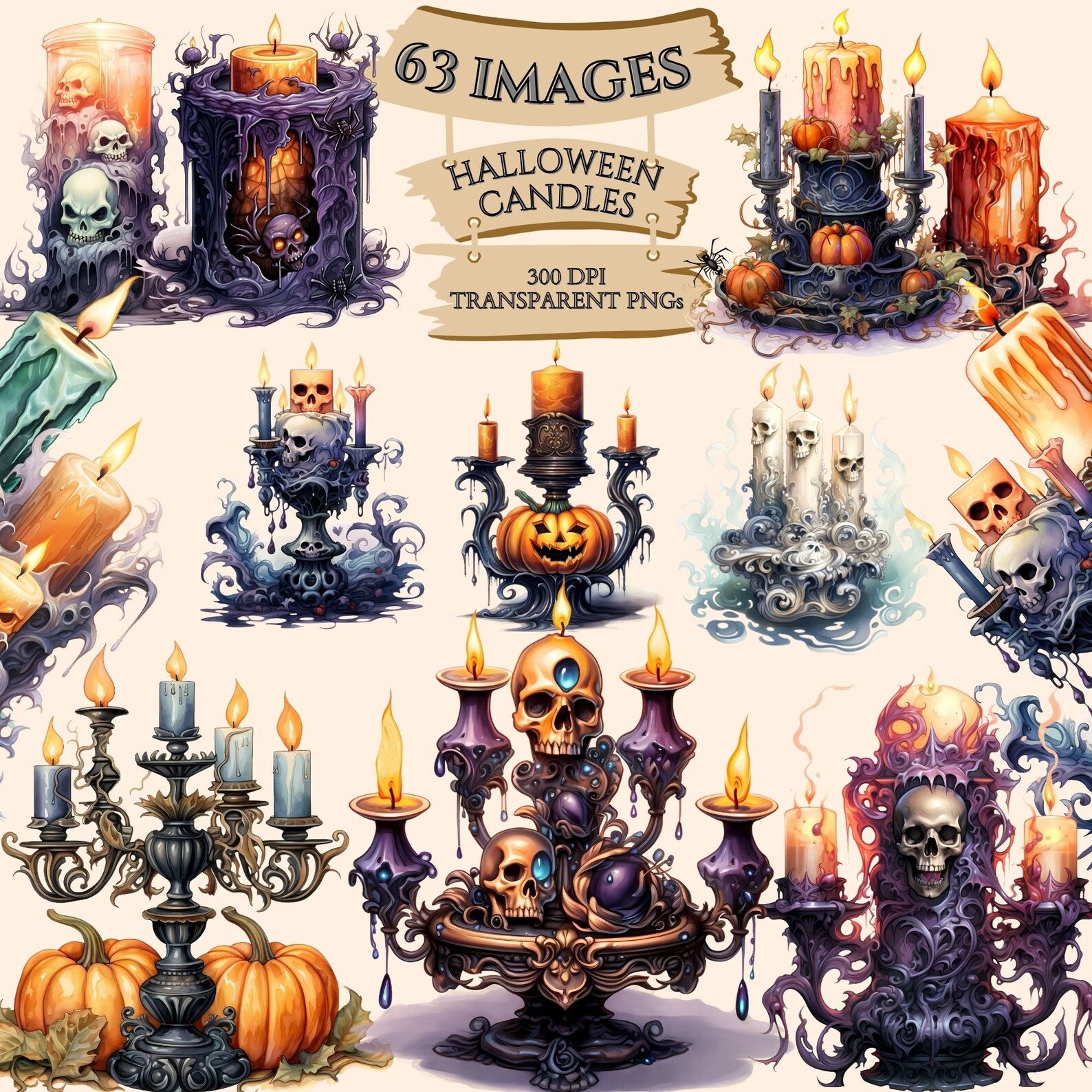 Watercolor Halloween Candles, Spooky Clipart Bundle, Pumpkins & Skulls ...