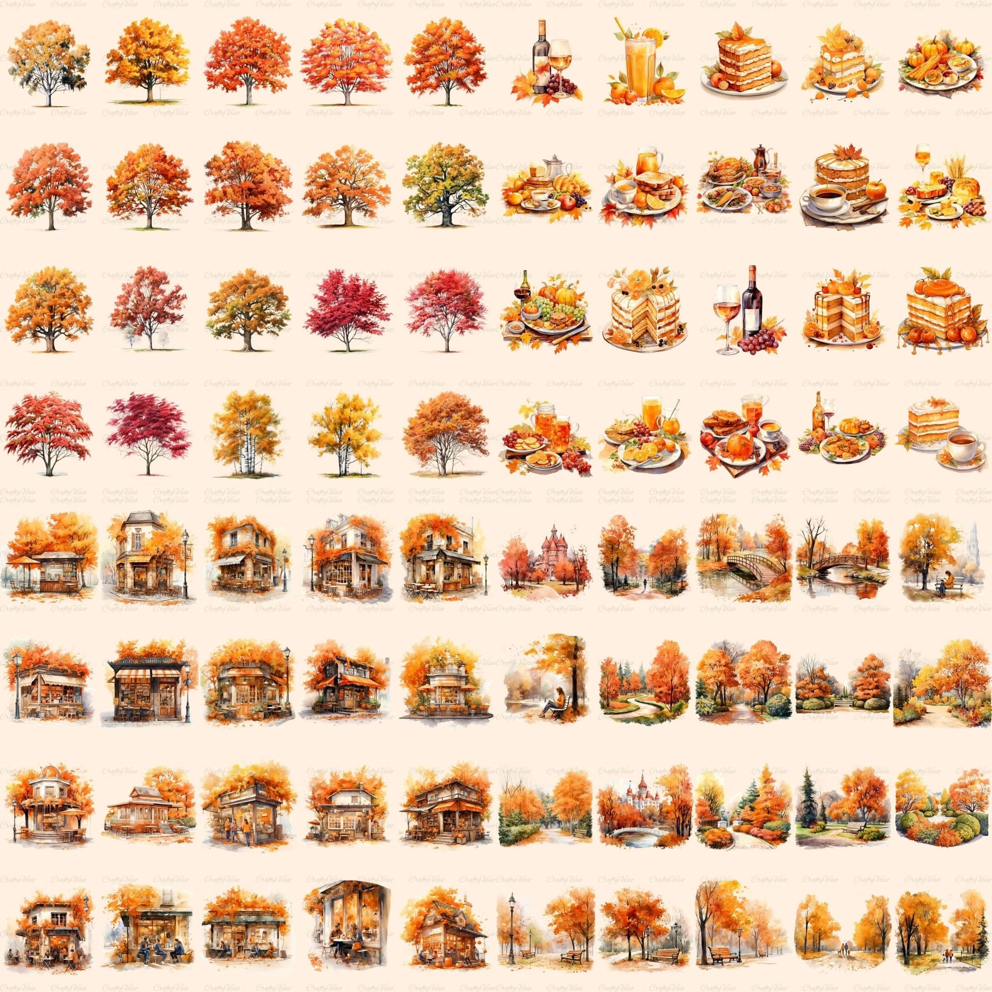 Watercolor Autumn Mega Clipart Bundle, Fall Season, Trees and Leaves ...