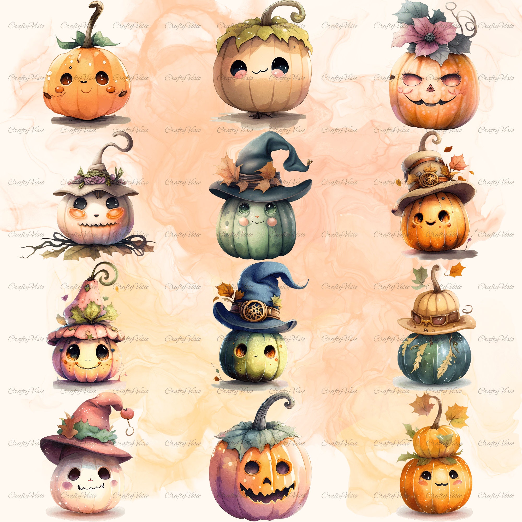 Watercolor Halloween Pumpkin Clipart PNG Bundle Printable - Etsy