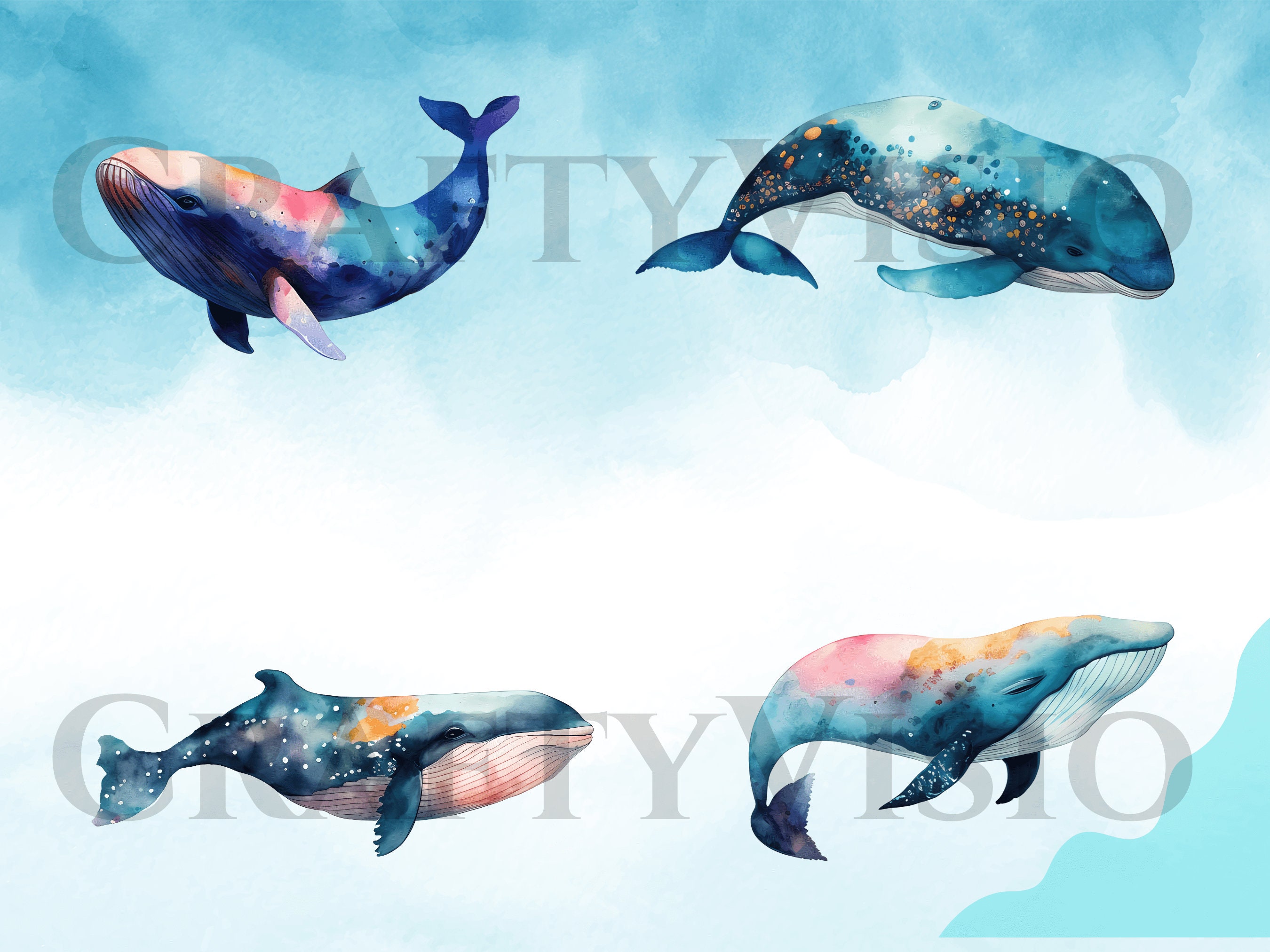 Whale Watercolor Clipart, Ocean Animals, Sea Creatures, Nursery Decor ...