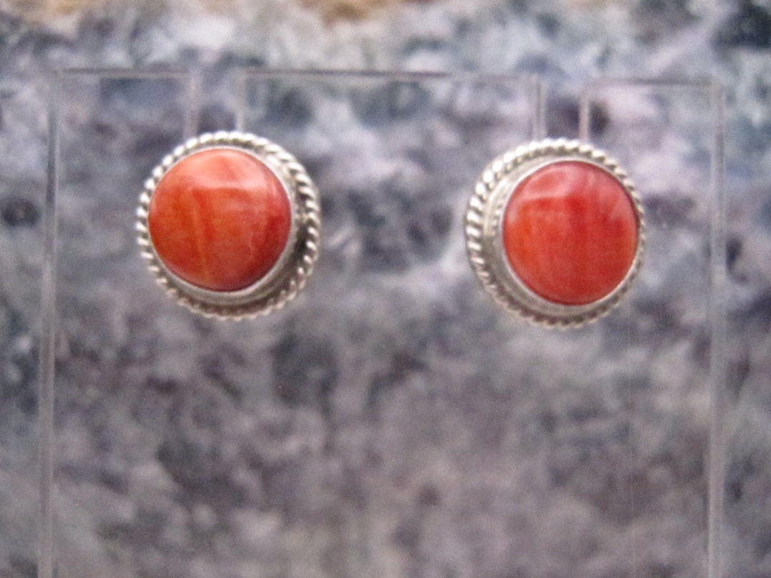 Native American Made Orange Spiny Oyster and Sterling Silver Post ...