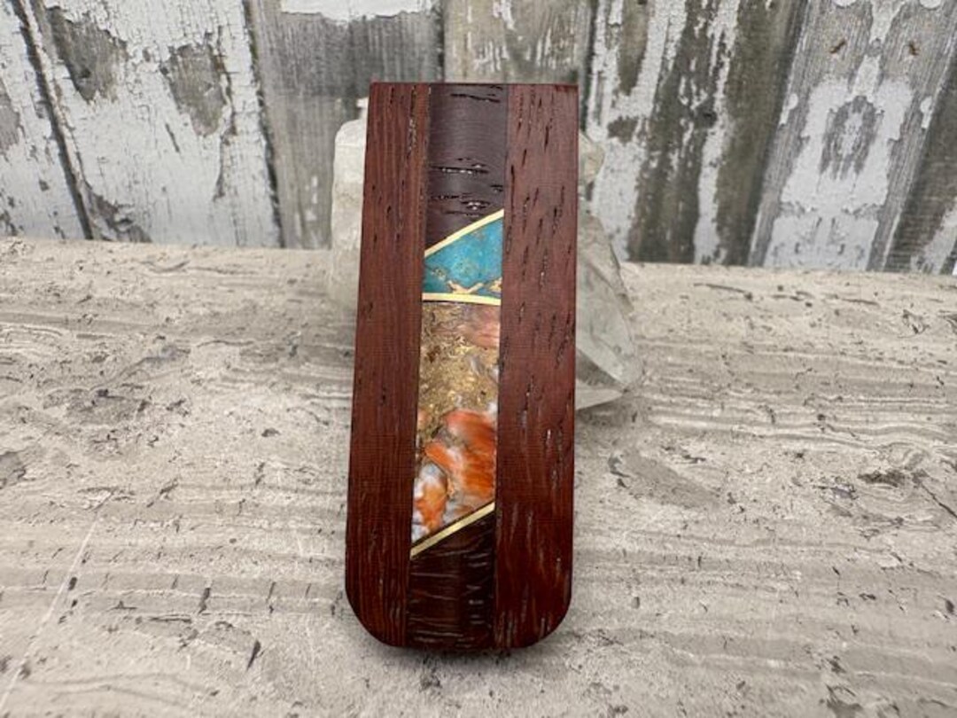 Wood Money Clip Handmade Turquoise Inlay Orange Spiny Oyster Inlay ...