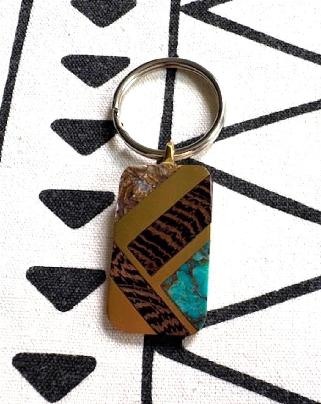 Wood Inlay Key Ring Turquoise Inlay Keychain Southwestern Western ...