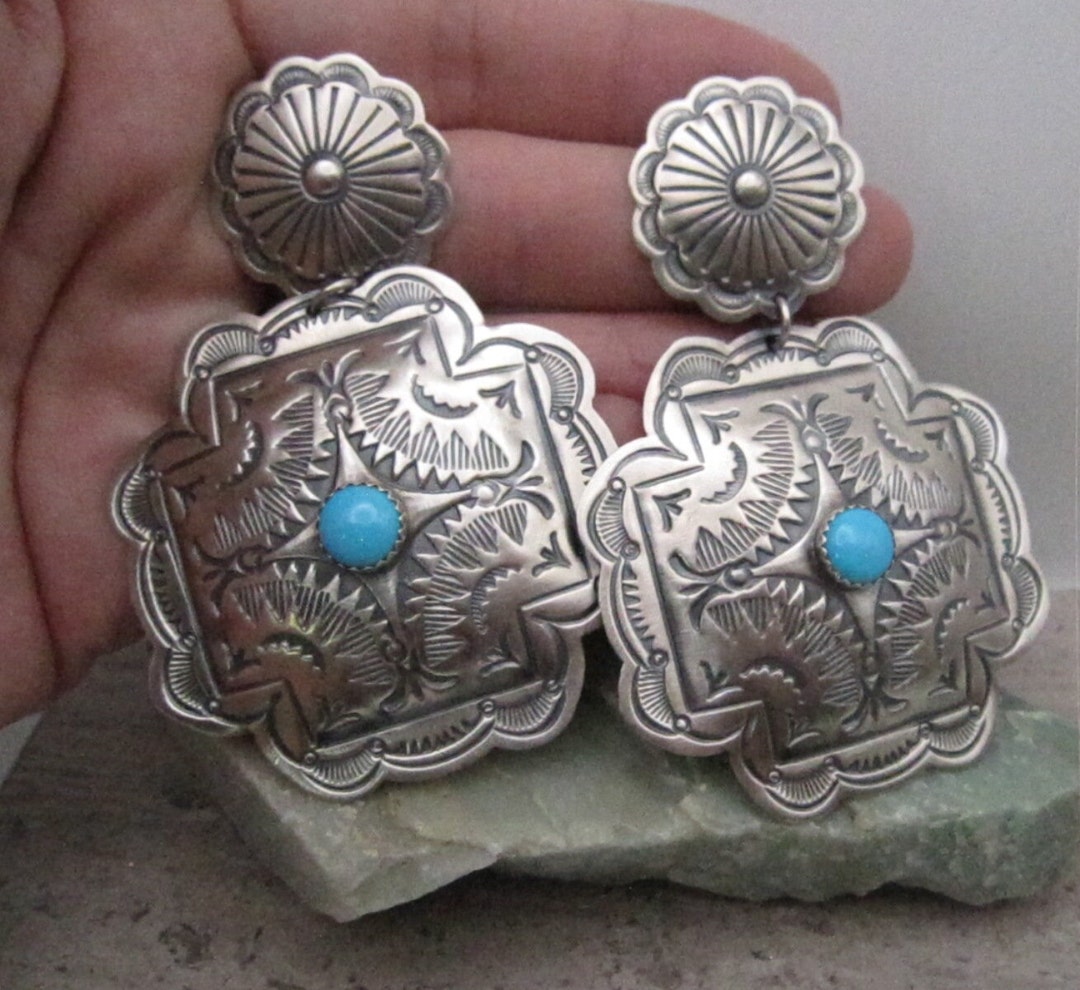 Silver Concho Earrings Authentic Native Turquoise Silver Concho Posts ...