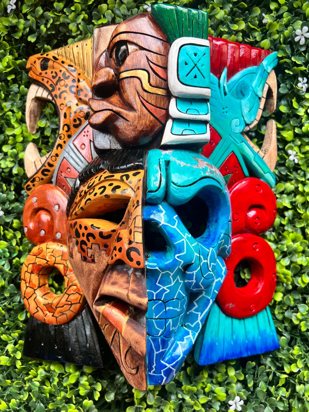 Mayan Aztec Calendar Cedar Mask Duality Sculpture Single Piece of Hand ...