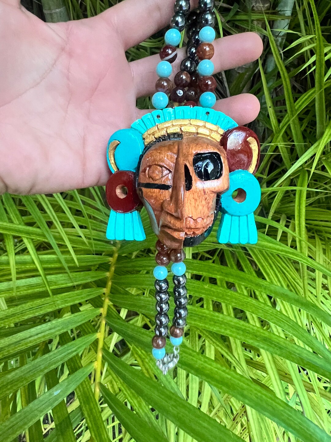Aztec Mexica Cedar Tiny Maya Mask Mayan Unique Handpainted Turquoise ...