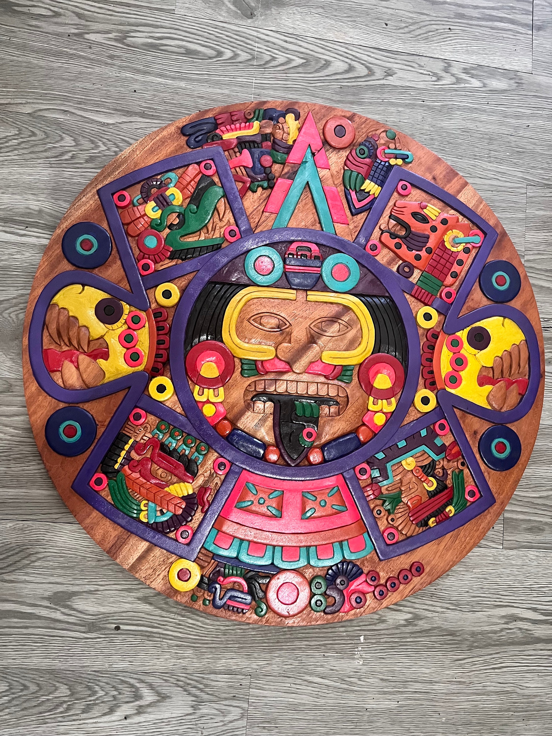 Colorful Hand Carved Cedar Five Eras Aztec Calendar Giant Two Feet ...
