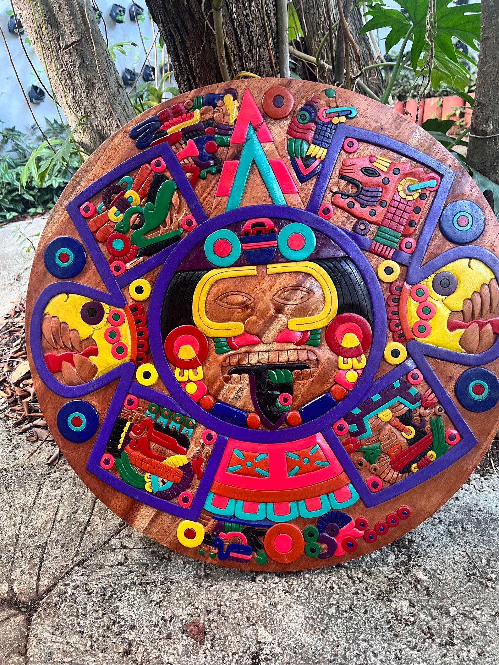 Colorful Hand Carved Cedar Five Eras Aztec Calendar Giant Two Feet ...