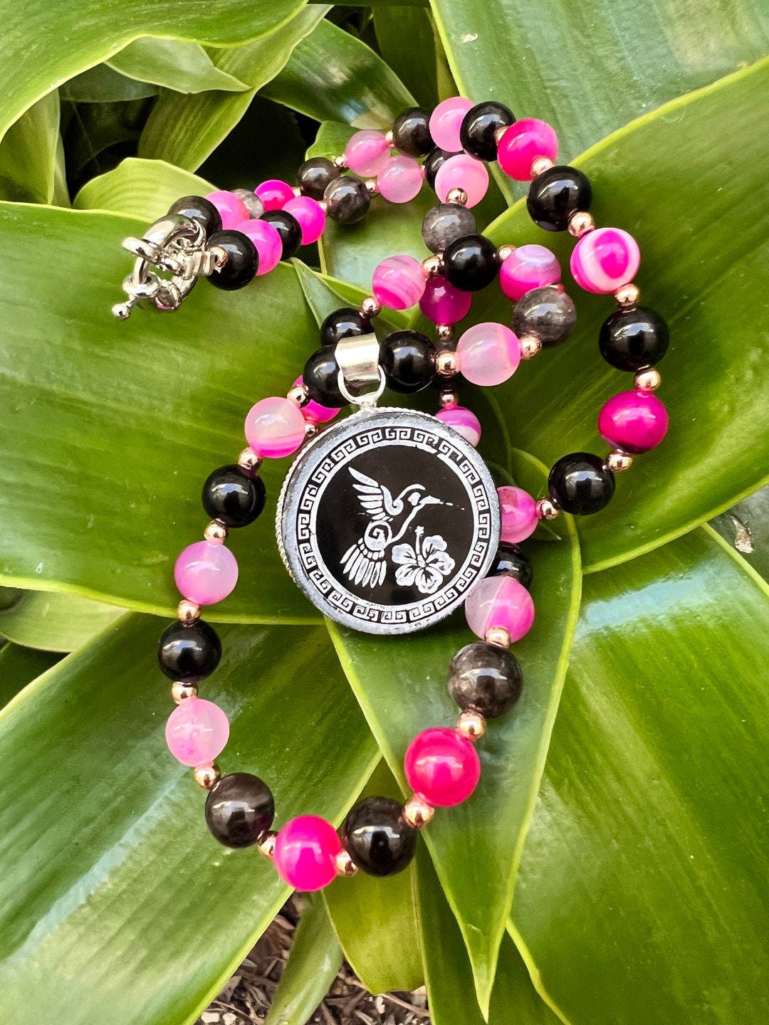 Hummingbird Etched Obsidian Mirror Aztec Calendar Maya Pink Obsidian ...