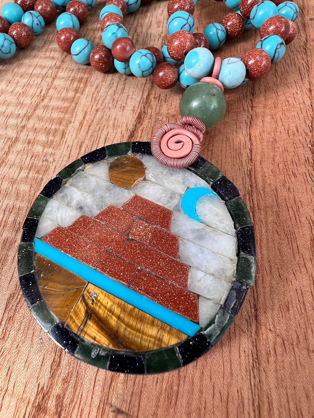 Perfect Obsidian Mirror Sparkly Venturine Beads Pyramid Necklace Mayan ...