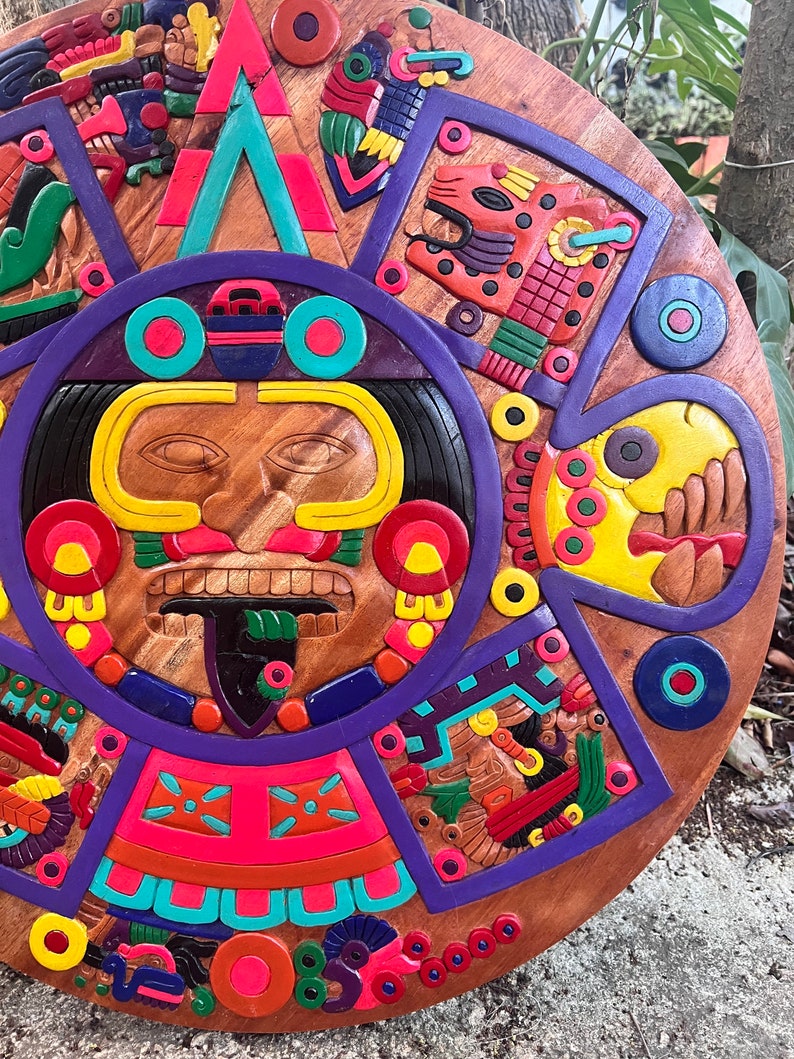 Colorful Hand Carved Cedar Five Eras Aztec Calendar Giant Two Feet ...