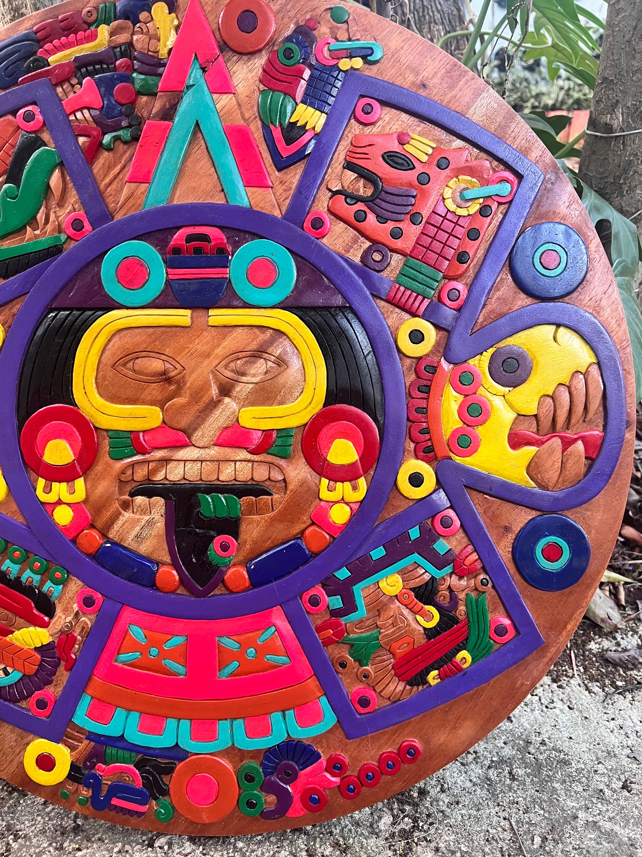 Colorful Hand Carved Cedar Five Eras Aztec Calendar Giant Two Feet ...