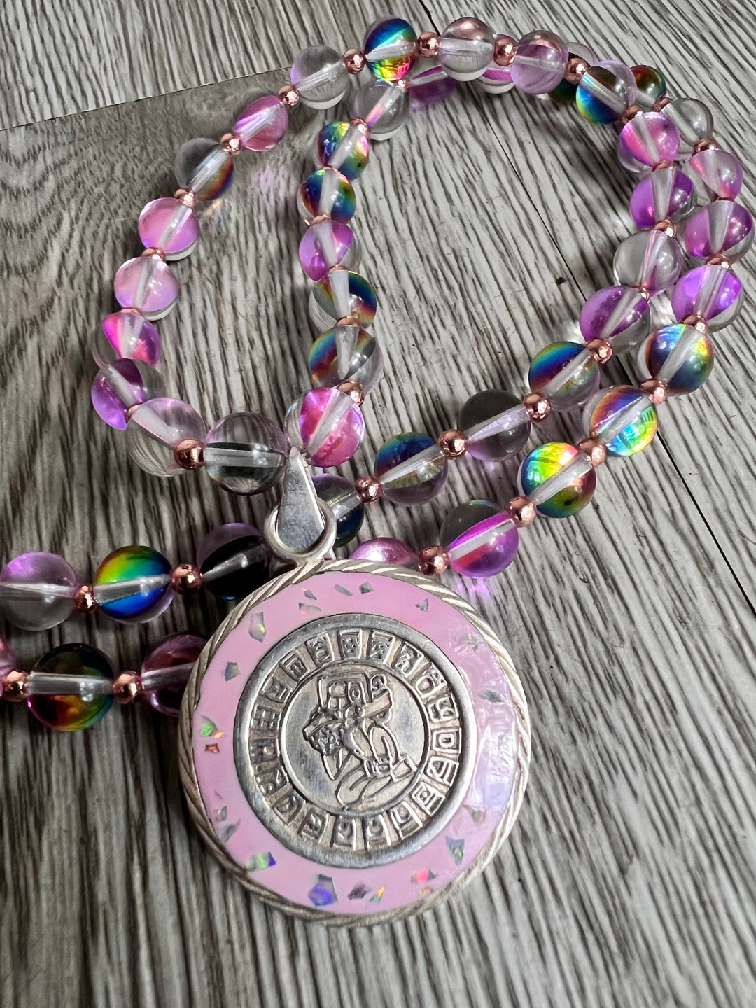 Silver 925 and Enamel Mayan Calendar Pink Beaded Pendant - Etsy