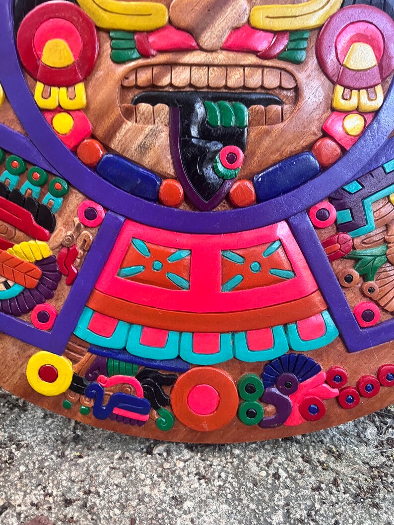 Colorful Hand Carved Cedar Five Eras Aztec Calendar Giant Two Feet ...