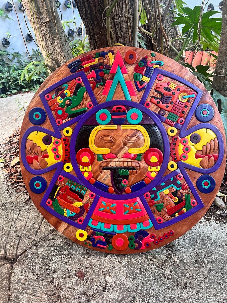 Colorful Hand Carved Cedar Five Eras Aztec Calendar Giant Two Feet ...