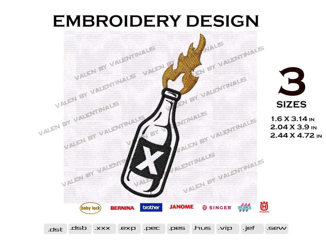 Bottle With Fire Embroidery Design, Bottle on Fire Design, Bottle ...